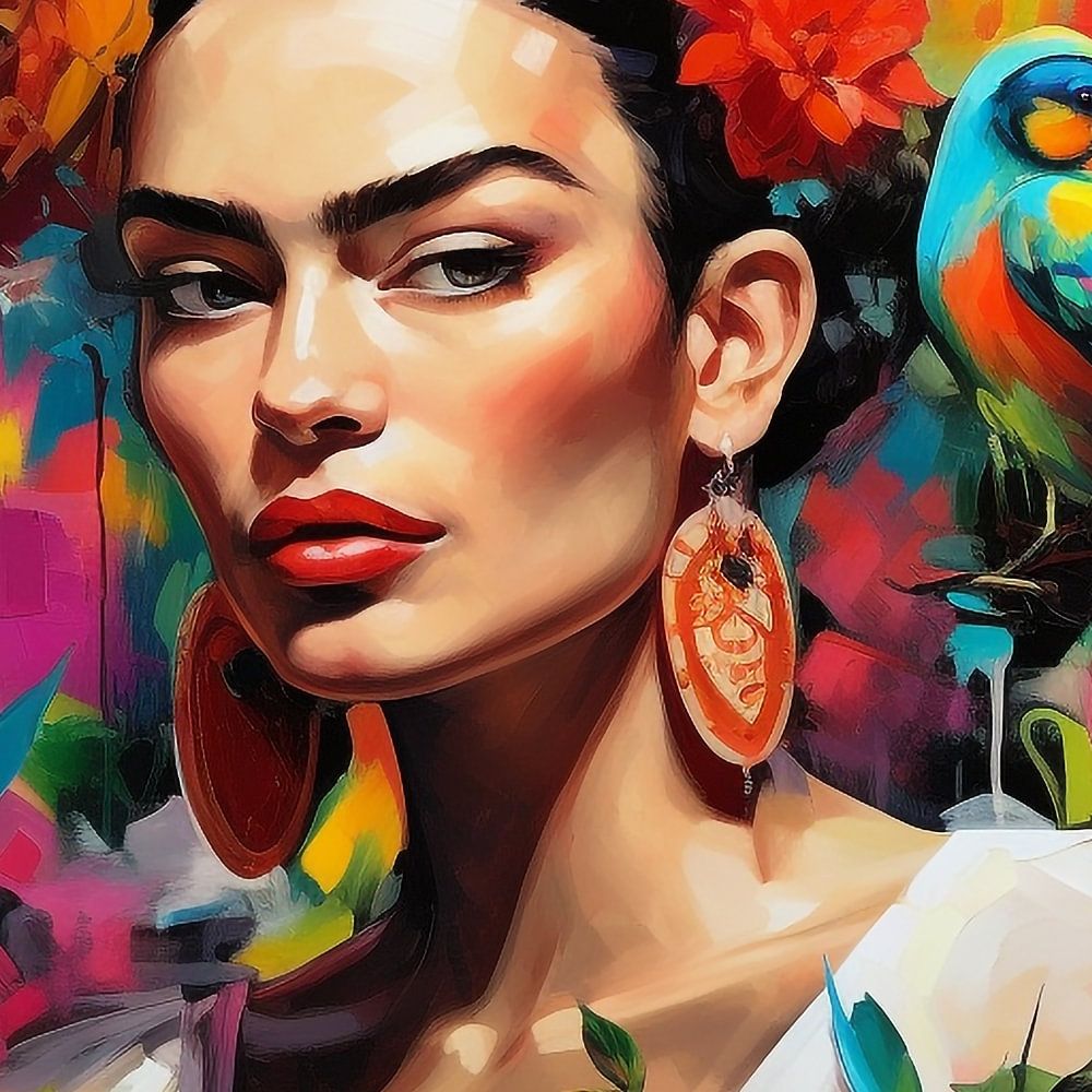 Portret pop of colour flowers en bird van Bianca ter Riet op canvas ...