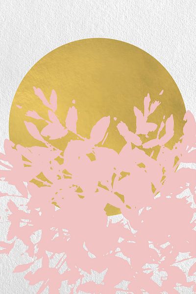 Japandi. Abstracte botanische twijgen in pastelroze met gouden zon op wit van Dina Dankers op ...