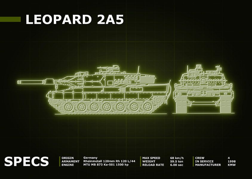 Leopard 2A5 Tank Blueprint Neon van Maldure - op canvas, behang en meer