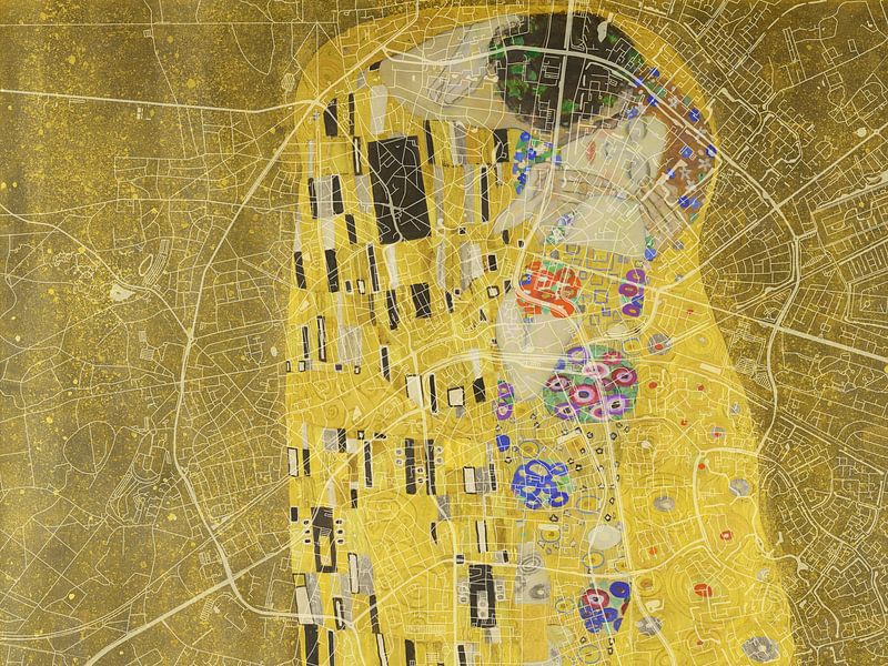 Kaart van Apeldoorn Centrum met de Kus van Gustav Klimt van Map Art Studio op canvas, behang en meer