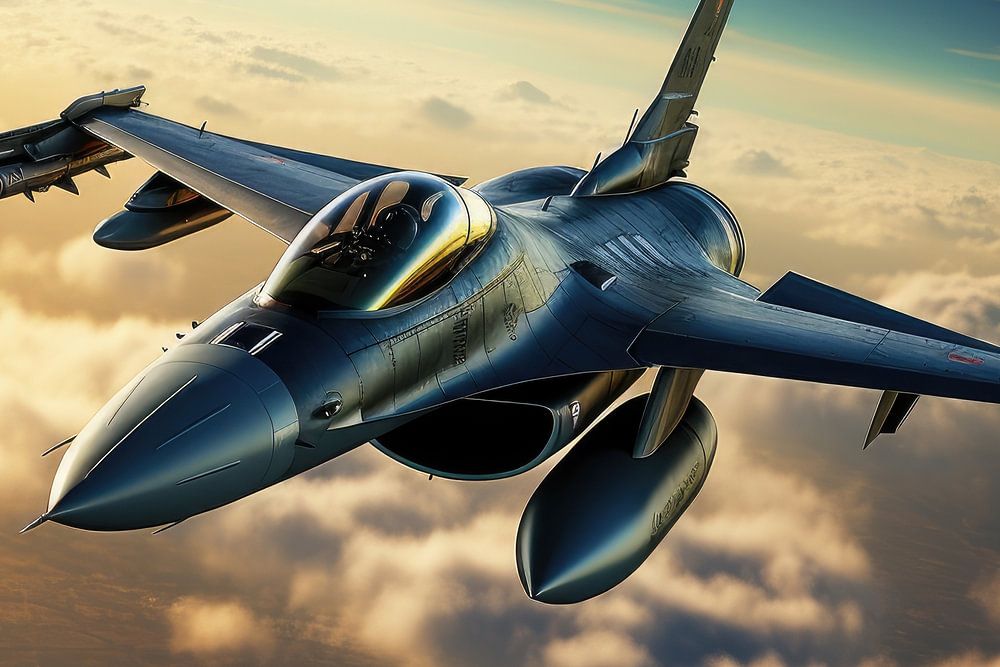 F16 straaljager met schitterend uitzicht van Digitale Schilderijen op ...