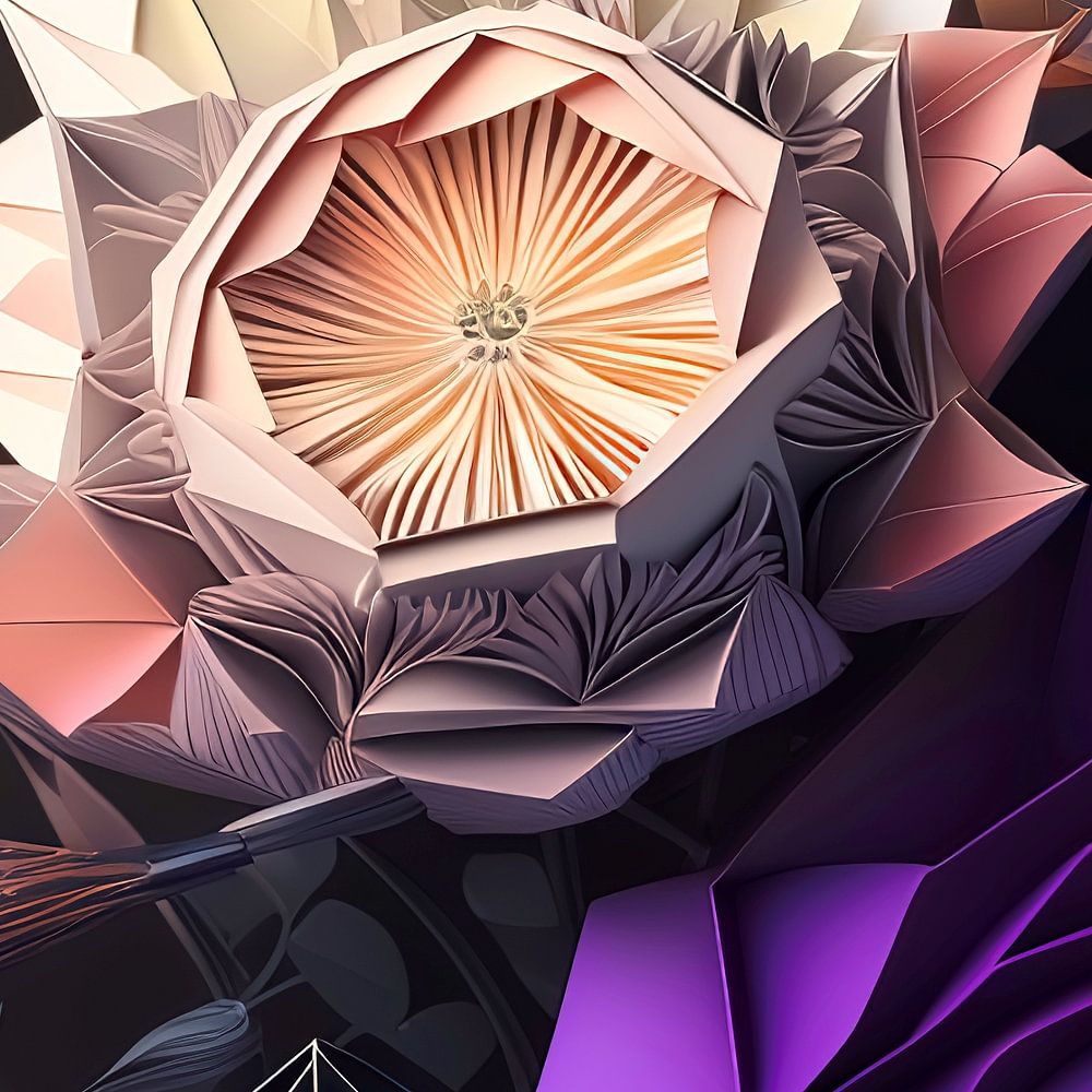 origami van een bloem met vogel van Gelissen Artworks op canvas, behang ...