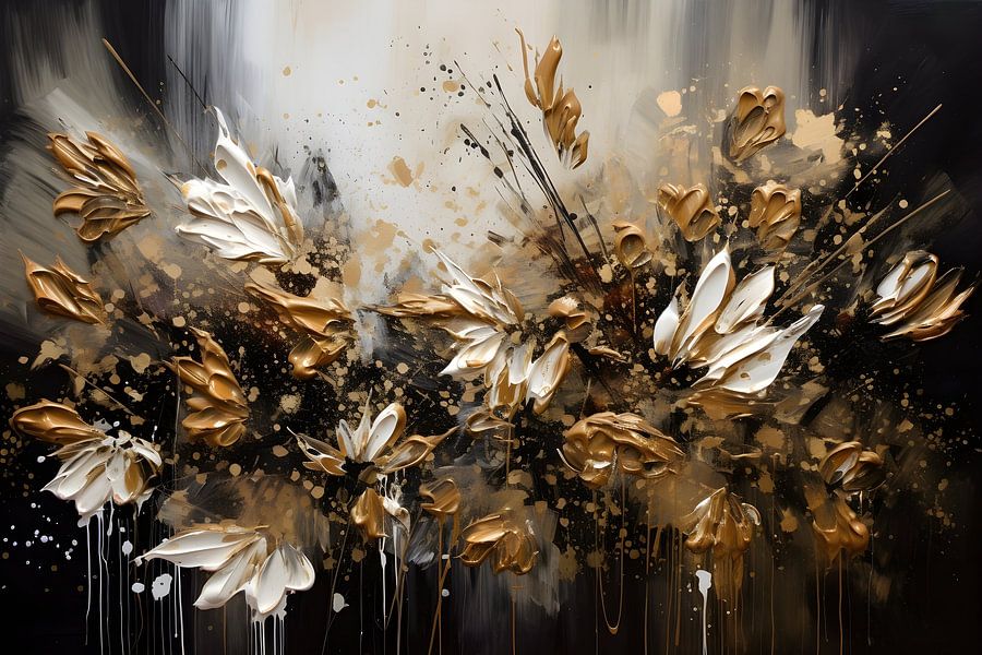 Schilderij Abstracte Bloemen | Bloemen Schilderij Abstract | Zwart Goud van AiArtLand op canvas ...