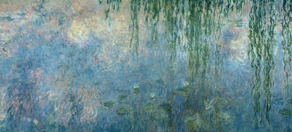 Claude Monet,Waterlelies ochtend met huilende wilgen op canvas, behang ...