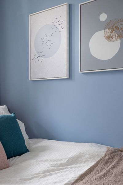 Japandi. Abstract landscape with pastel blue sun and birds on Japanese ...