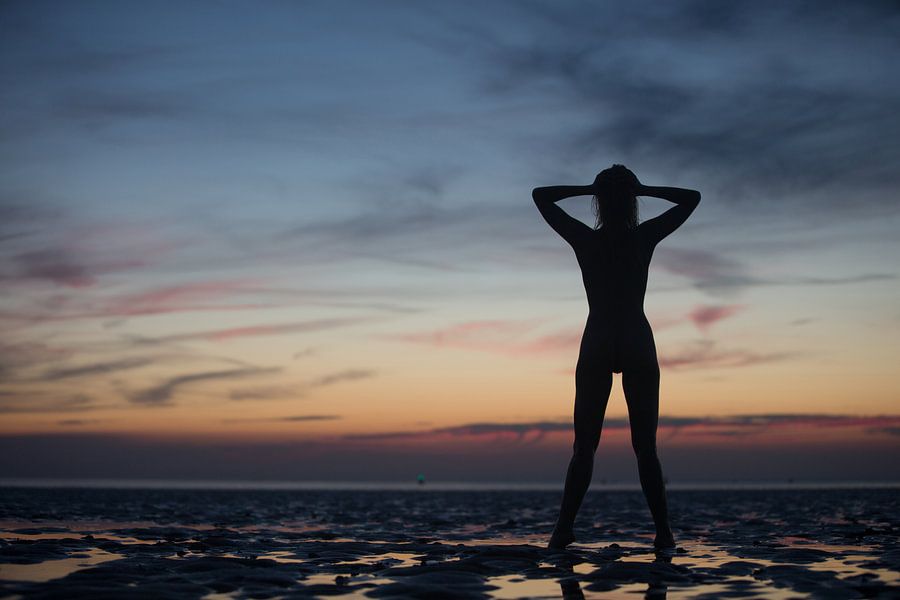 Artistiek naakt silhouette met zonsondergang op de waddenzee van Arjan ...