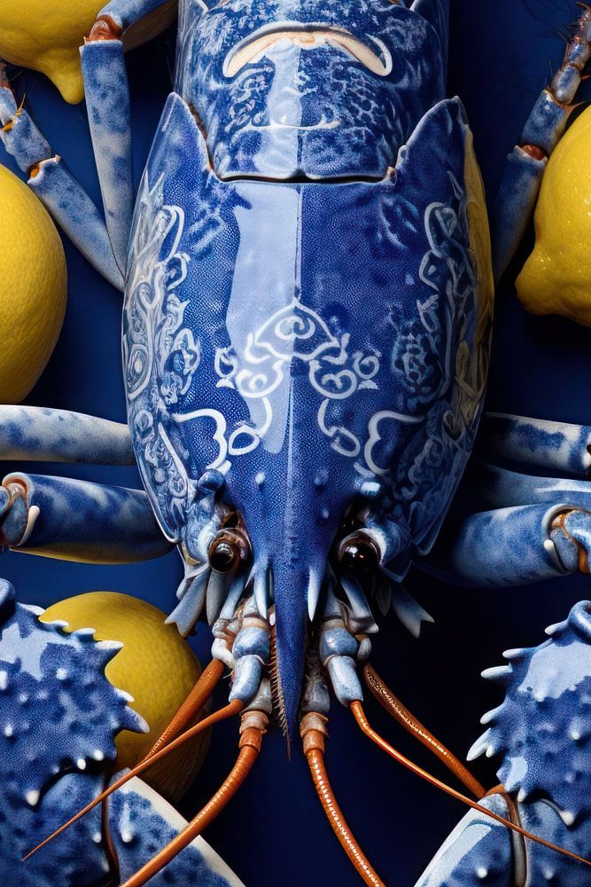 Delfts Blauwe kreeft met citroen van Marianne Ottemann - OTTI op canvas ...