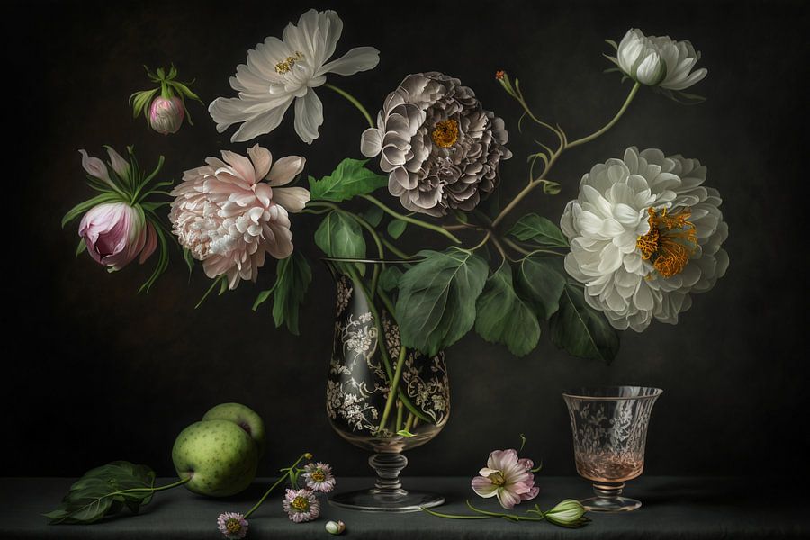 Digitaal stilleven met bloemen, fruit en glas van Digitale Schilderijen op canvas, behang en meer