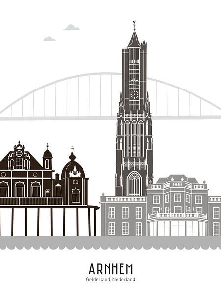 Illustration de la ligne d'horizon de la ville d'Arnhem noir-blanc-gris ...