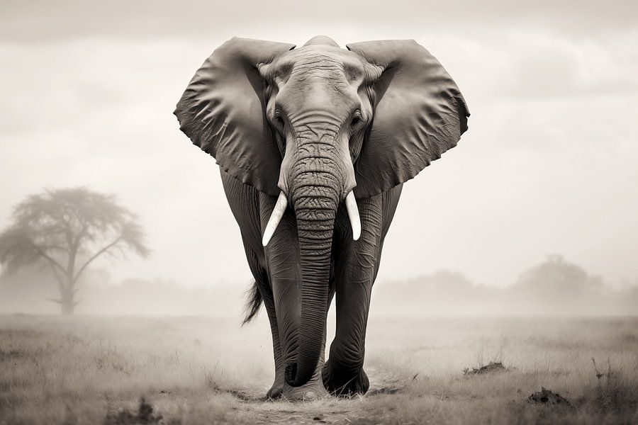 Wilde olifant op de savanne, monochrome dierenfotografie van Animaflora ...