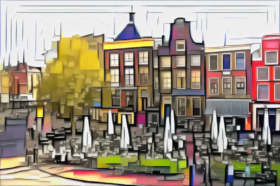 Schilderij Groningen Drie Gezusters op de Grote Markt in de stijl van ...