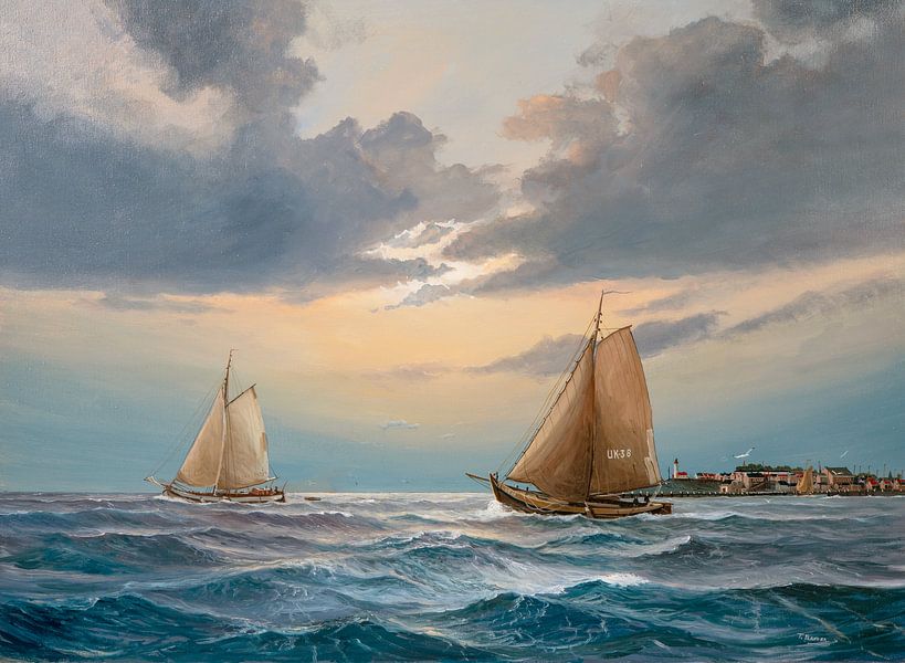 Botters op zee voor eiland Urk van Annette Bakker op canvas, behang en meer