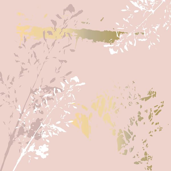 Botanische planten 3 . Gras sprietjes in pastel kleuren met gouden abstracte penseelstreken van ...