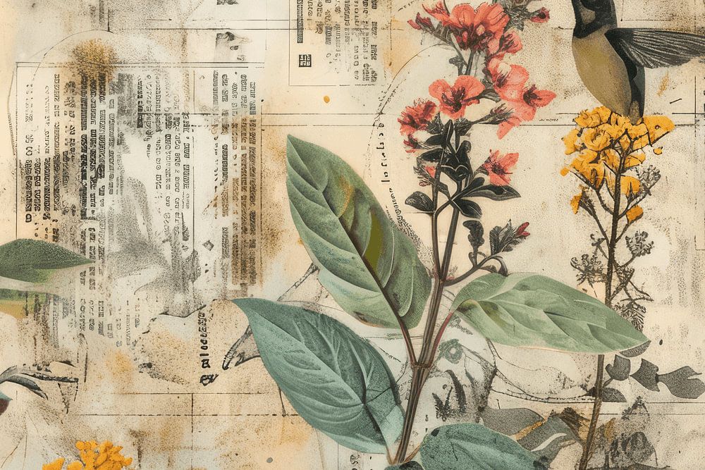 Nieuw landelijk, digitale collage van bloemen met een vogel van Studio ...