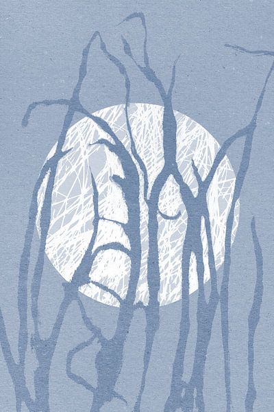 Ikigai. Blauw gras en maan. Abstracte minimalistische Zen kunst. Japandi stijl VI van Dina ...