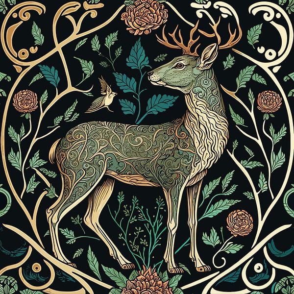 Bos hert folklore van Vlindertuin-Art op canvas, behang en meer