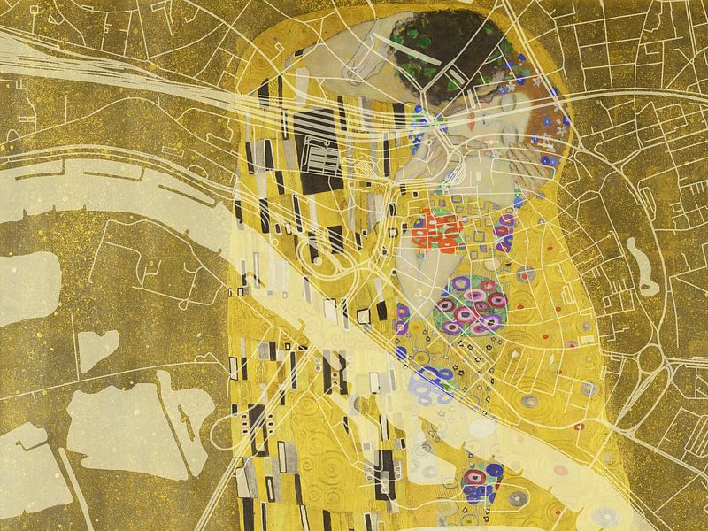 Kaart van Arnhem Centrum met de Kus van Gustav Klimt van Map Art Studio op canvas, behang en meer
