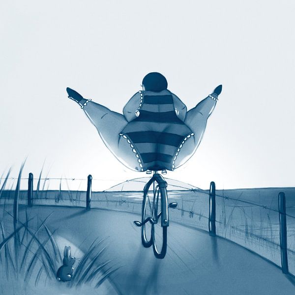 Vet Wuuf op de fiets in de duinen. van Bianca van Duijn op canvas, behang en meer