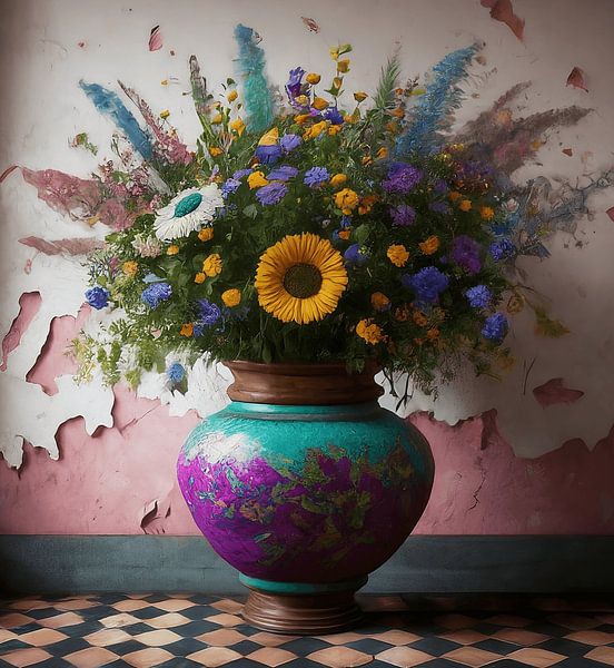 Bonte vaas met bloemen van Hans Dubbelman op canvas, behang en meer