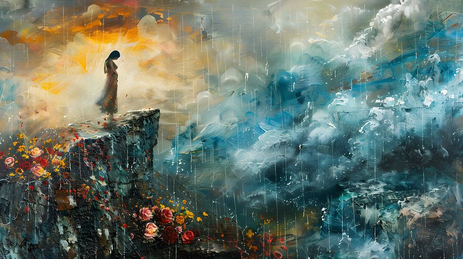 Vrouw op rots in zware wolken en regen van Jan Bechtum op canvas ...