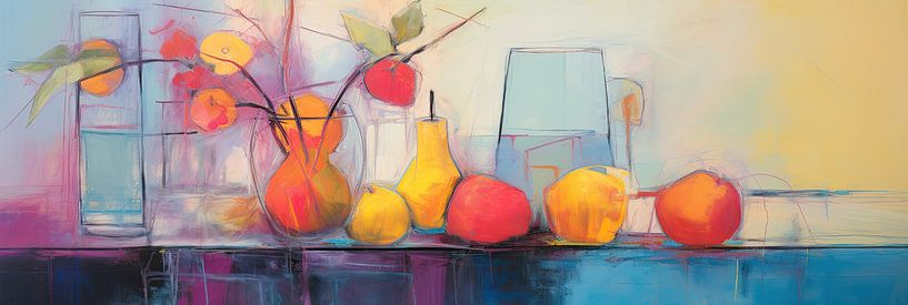 Stilleven met Eten van Abstract Schilderij op canvas, behang en meer