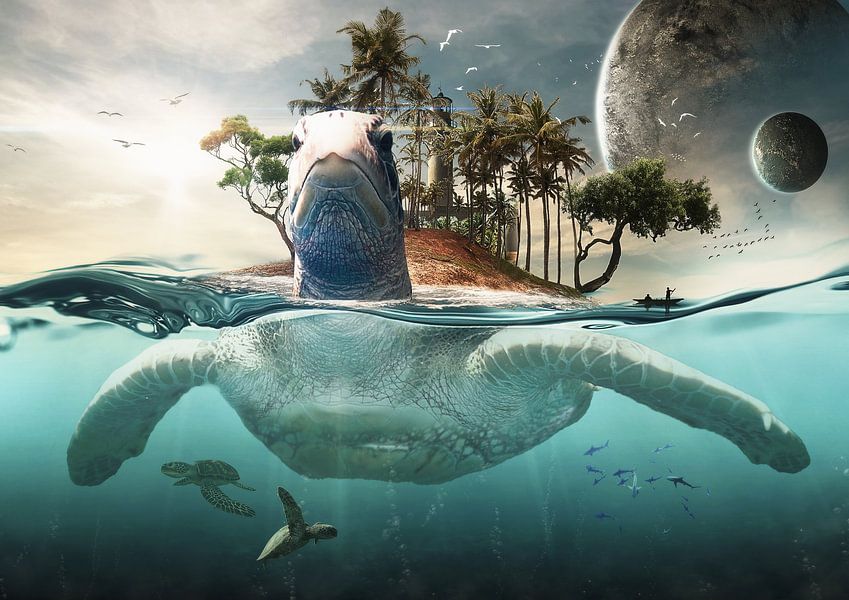 Zeeschildpad met eigen eiland op zijn rug van Bert Hooijer op canvas, behang en meer