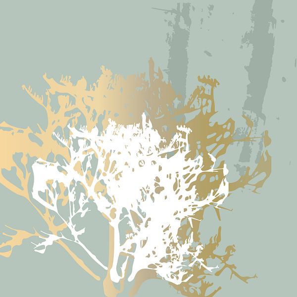 Botanische planten 5 . Gras sprietjes in pastel kleuren met gouden abstracte penseelstreken van ...