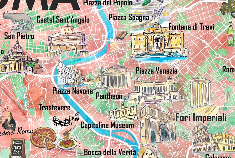 Geïllustreerde kaart van Rome – reisherinnering uit Italië als print ...