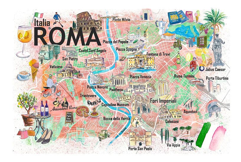 Geïllustreerde kaart van Rome – reisherinnering uit Italië als print ...