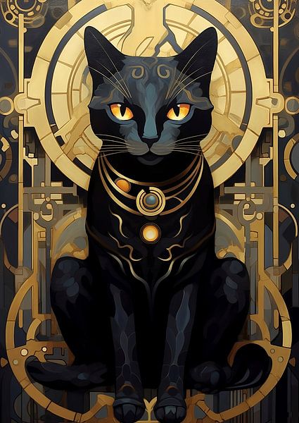 Art Deco goud met zwarte kat van Jan Bechtum op canvas, behang en meer