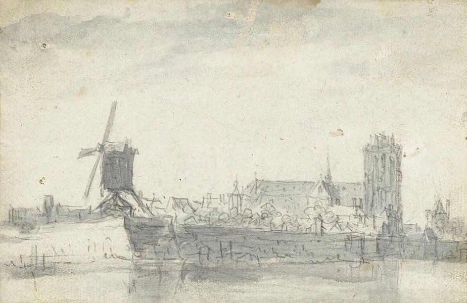 Gezicht op Dordrecht vanaf het water, Jan van Goyen (mogelijk), 1647 op canvas, behang, poster ...