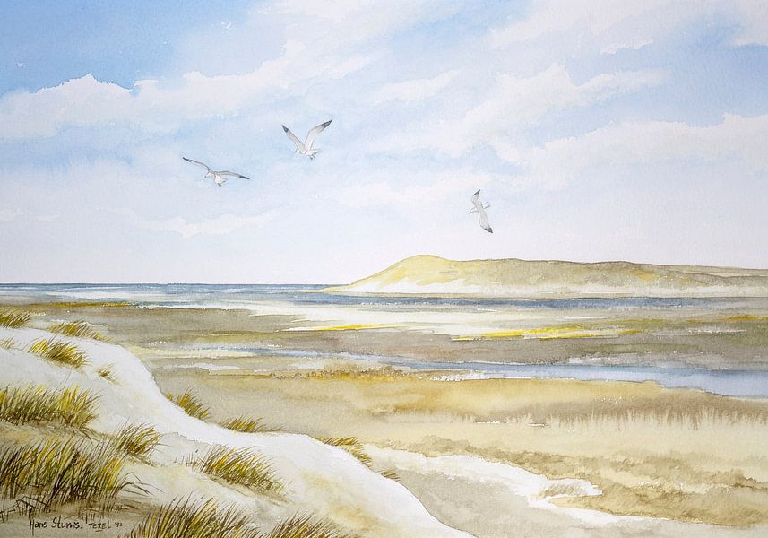 Duinlandschap aquarel met zicht op natuurgebied De Slufter op Texel van ...